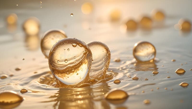 Translucent Golden Droplets of Liquid Collide on a Surface, Creating a ...