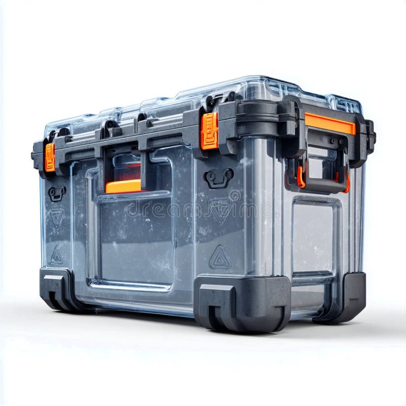 A Translucent Gray Container with Orange Accents on White Surface Stock ...