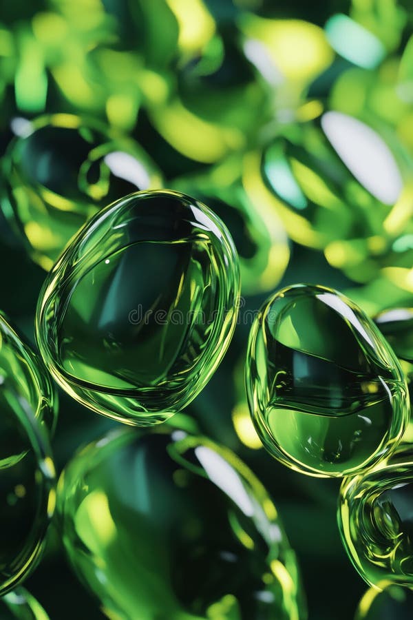 Translucent Green Gel-like Spheres Reflecting Light, Creating a Vibrant ...