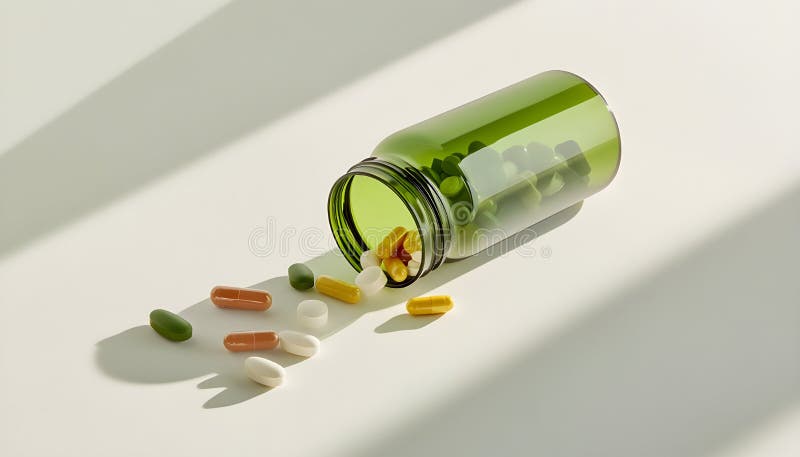 Translucent Green Pill Bottle Tipped Over with Mixed Capsule Types ...