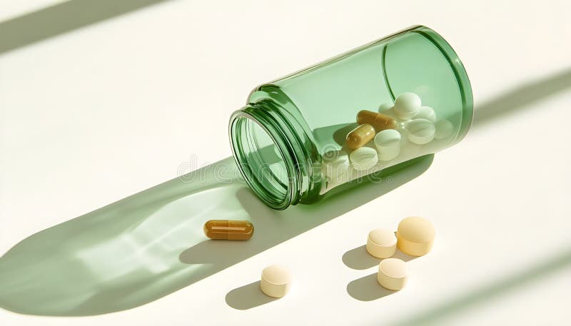 Translucent Green Pill Bottle Tipped Over with Mixed Capsule Types ...