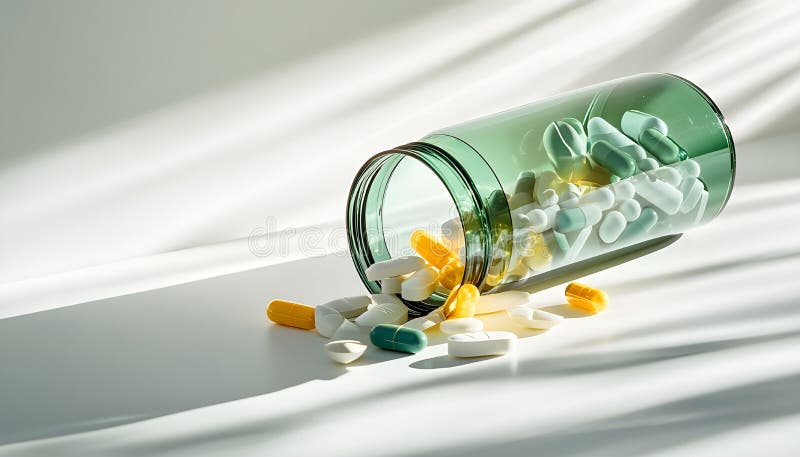 Translucent Green Pill Bottle Tipped Over with Mixed Capsule Types ...