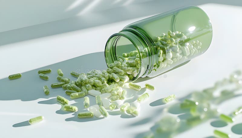 Translucent Green Pill Bottle Tipped Over with Mixed Capsule Types ...