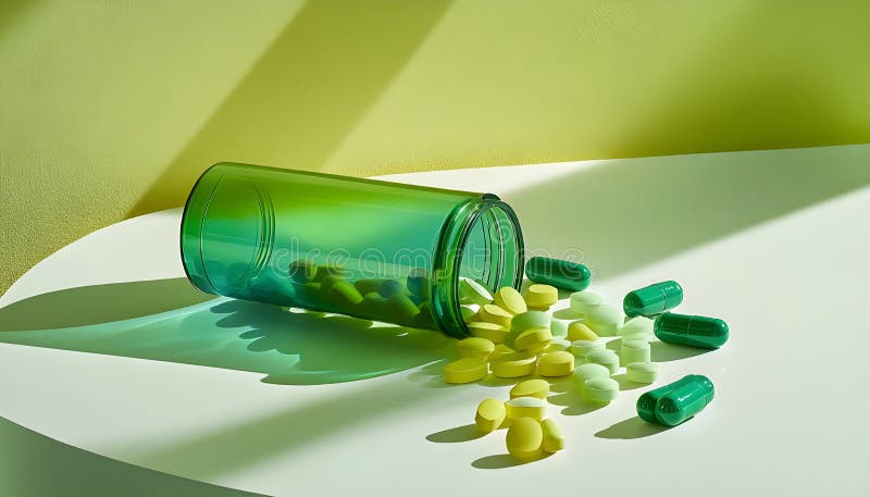 Translucent Green Pill Bottle Tipped Over with Mixed Capsule Types ...