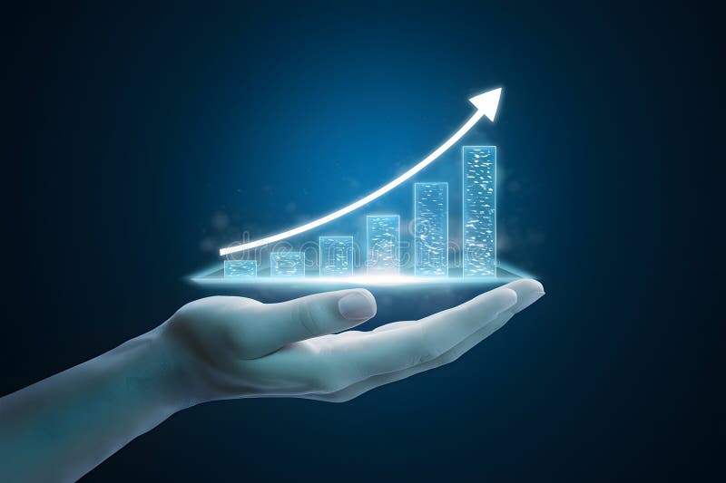 Translucent Hand Presenting Holographic Rising Bar Chart on Deep Blue ...