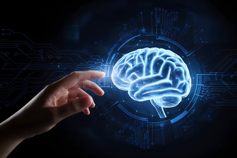 Translucent Human Hand Reaches Toward a Blue-hued Digital Brain and ...