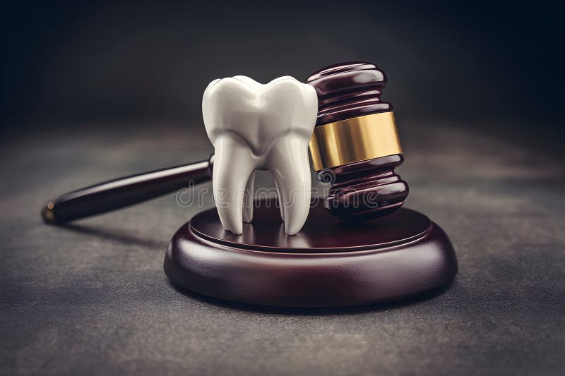 Tooth Model beside Gavel on Wooden Base, Suggesting Dental and Legal ...