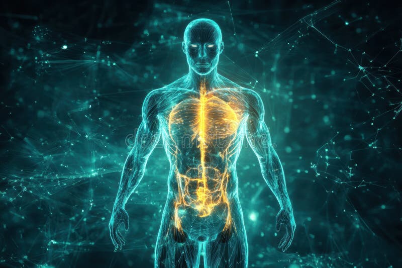 Translucent Human Silhouette Showcasing Glowing Muscle System in a ...
