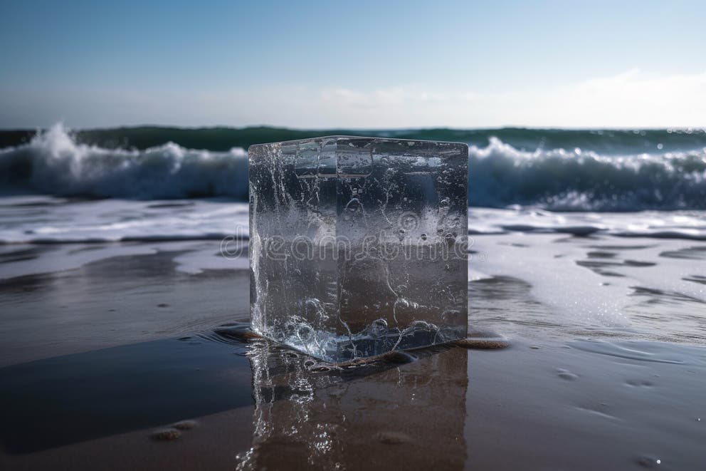 Translucent Ice Cube on Beach with Waves. the Concept of Saving from ...
