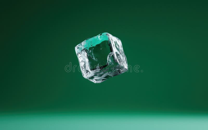 Translucent Ice Cube Floating Against Green Background Stock ...
