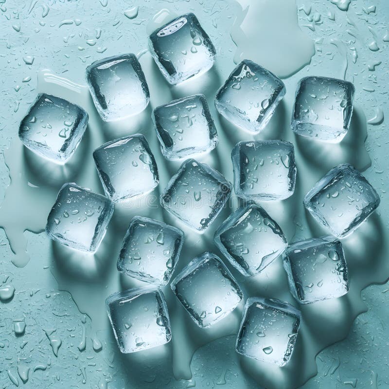 Translucent Ice Cubes on Blue Surface with Water Droplets, Creating ...