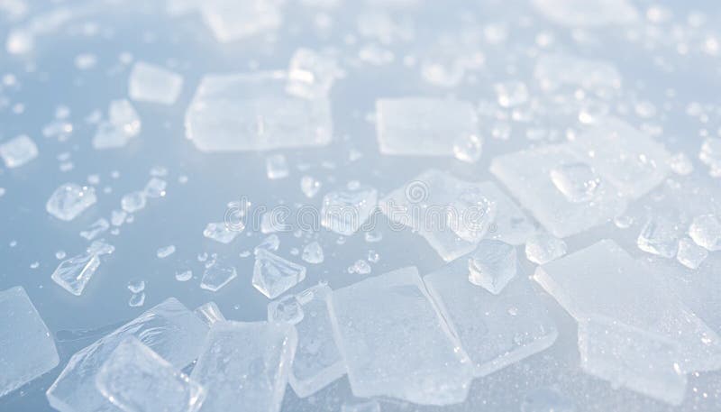 Translucent Ice Cubes and Crystals Scatter Across a Pale Blue Surface ...