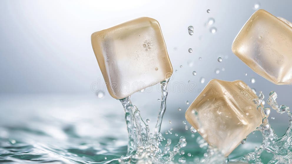 Translucent Ice Cubes Dropping into Cool Liquid, Generating Dynamic ...