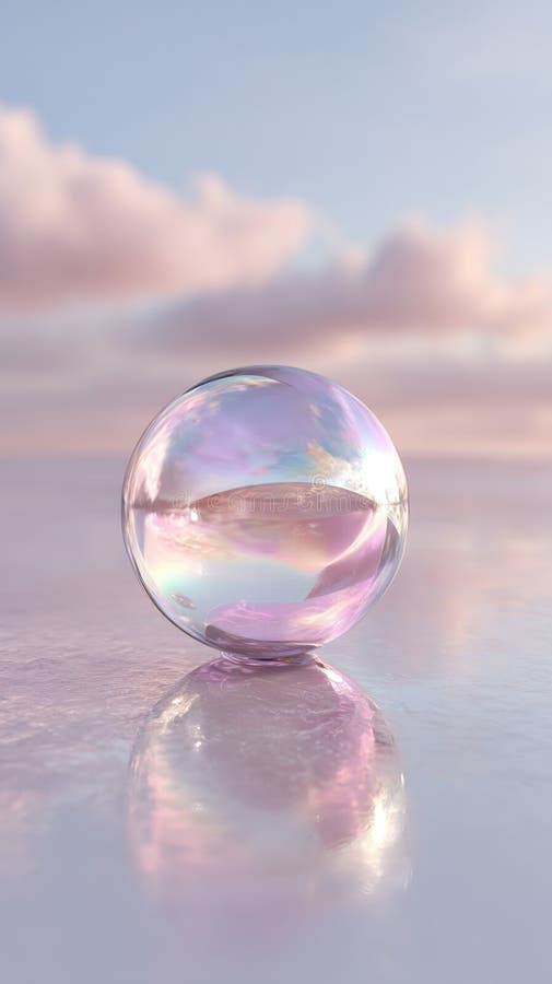 Translucent Iridescent Sphere on Reflective Surface with Pastel Sky ...