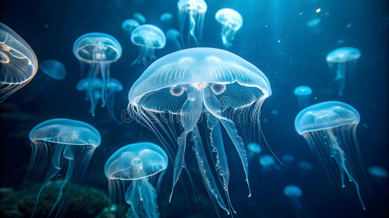 Translucent Jellyfish Drifting Gracefully in Deep Blue Water Stock ...