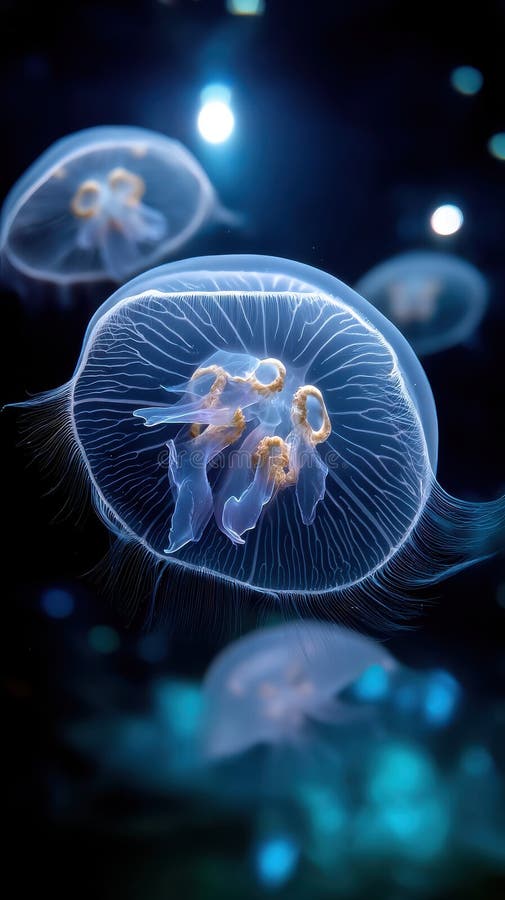 Translucent Jellyfish Floating Deep Blue Sea Illuminated ...