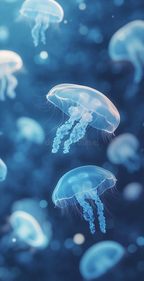 Translucent Jellyfish Gently Floating Underwater in Deep Blue Ocean ...