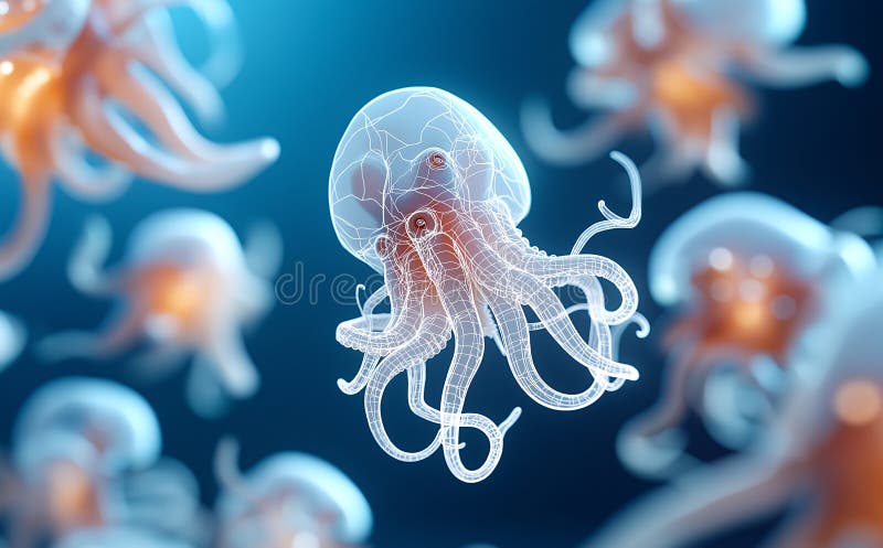 Translucent Jellyfish with Glowing Tentacles in Deep Blue Ocean ...