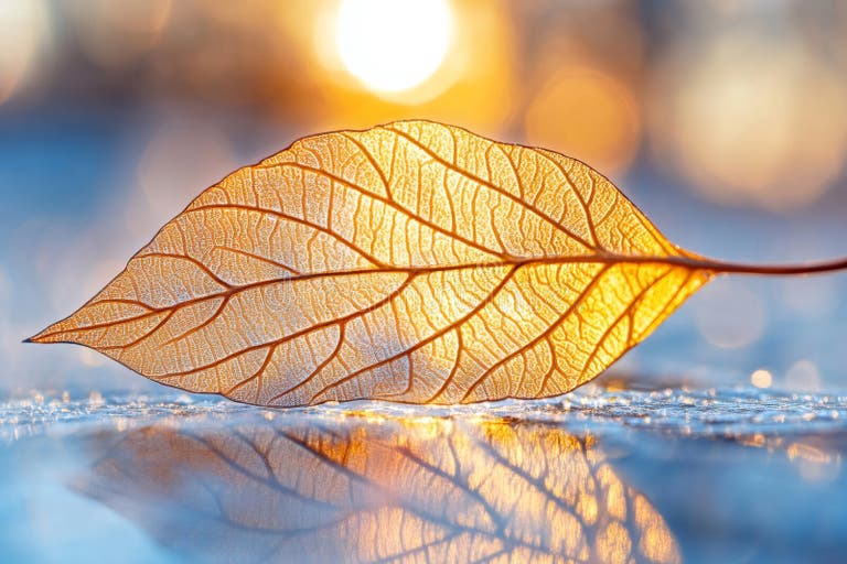 Translucent Leaf Reflecting on Frozen Water at Sunset Stock ...