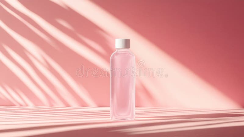 Translucent Liquid Bottle with White Cap and Leaf Shadows on Pink Wall ...