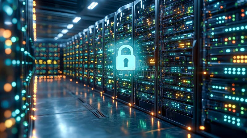 Translucent Lock Hologram Symbolizing Secure Data Storage, Server Room ...