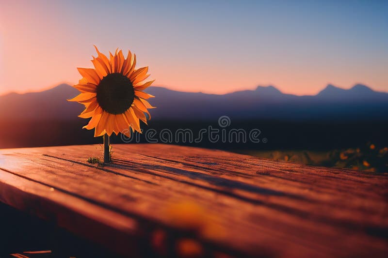 Translucent Lonely Sunflower Standing on Thin Stem in Rays of Setting ...
