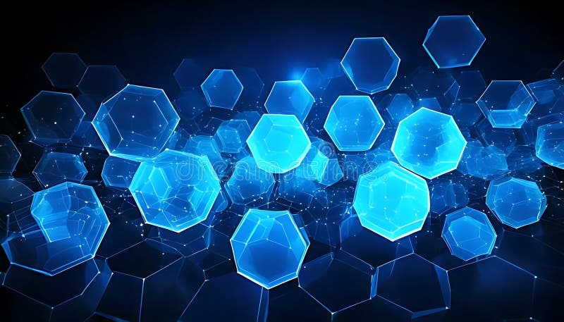 Translucent, Luminous Blue Hexagonal Shapes Float Above a Dark ...