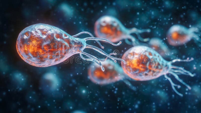 Translucent Microbial Organisms with Glowing Centers in Blue and Orange ...