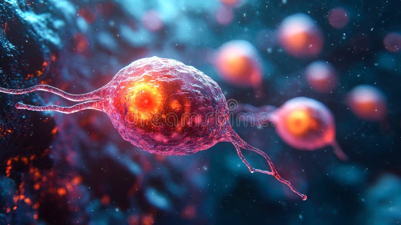 Translucent Microbial Organisms with Glowing Centers in Blue and Orange ...