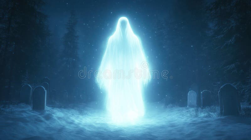 Translucent Phantom Appears in Snowy Graveyard Scene Stock Illustration ...