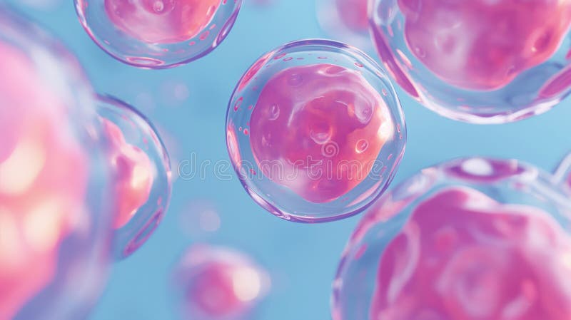 Translucent Pink Human Cells Floating in Blue Liquid Environment with ...