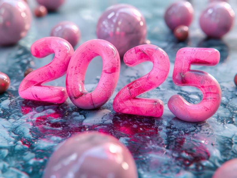 Translucent Pink 2025 Numbers with Spheres on Shiny Background Stock ...