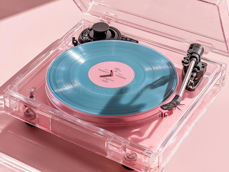 Translucent Pink Record Player with a Teal Vinyl Record, Minimalist ...