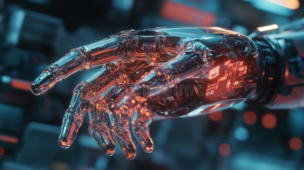 Translucent Robotic Hand with Glowing Internal Mechanisms in a ...