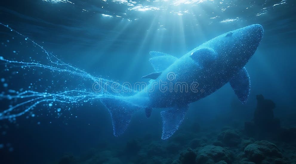 Translucent Shark Swimming Gracefully in Deep Ocean Waters with Light ...