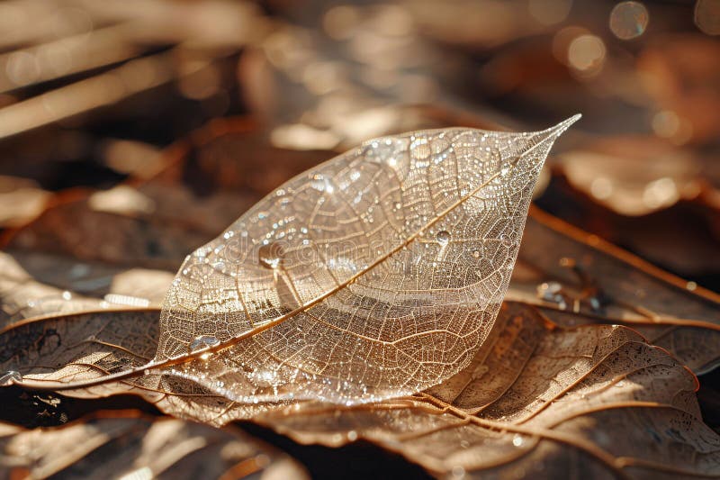 Skeleton Leaf with Dew Drops in Sunlight Stock Photo - Image of ...