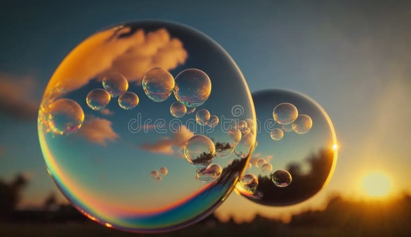 Translucent Soap Bubbles with Light Rainbow Shining on Sunset Sky Background Stock Illustration ...