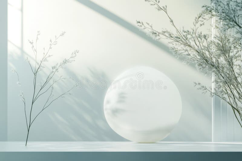 Translucent Sphere Displayed beside Delicate Branches in Serene Indoor ...