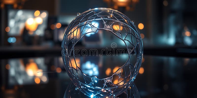 A Translucent Sphere with an Intricate Web Design Sits on a Reflective ...