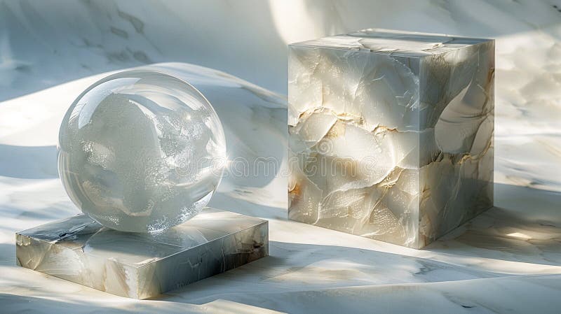 A Translucent Sphere beside a Textured Block on a Soft, Flowing Surface ...