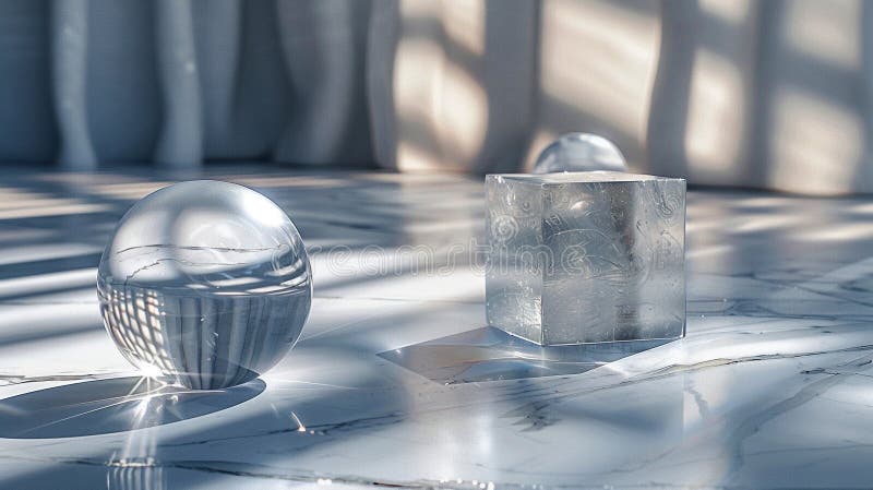 Translucent Spheres and a Clear Cube Resting on a Marble Surface ...