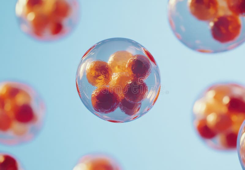 Translucent Spheres with Internal Orange Red Structures in a Light Blue ...