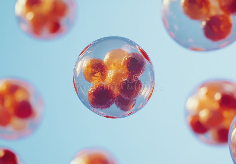 Translucent Spheres with Internal Orange Red Structures in a Light Blue ...