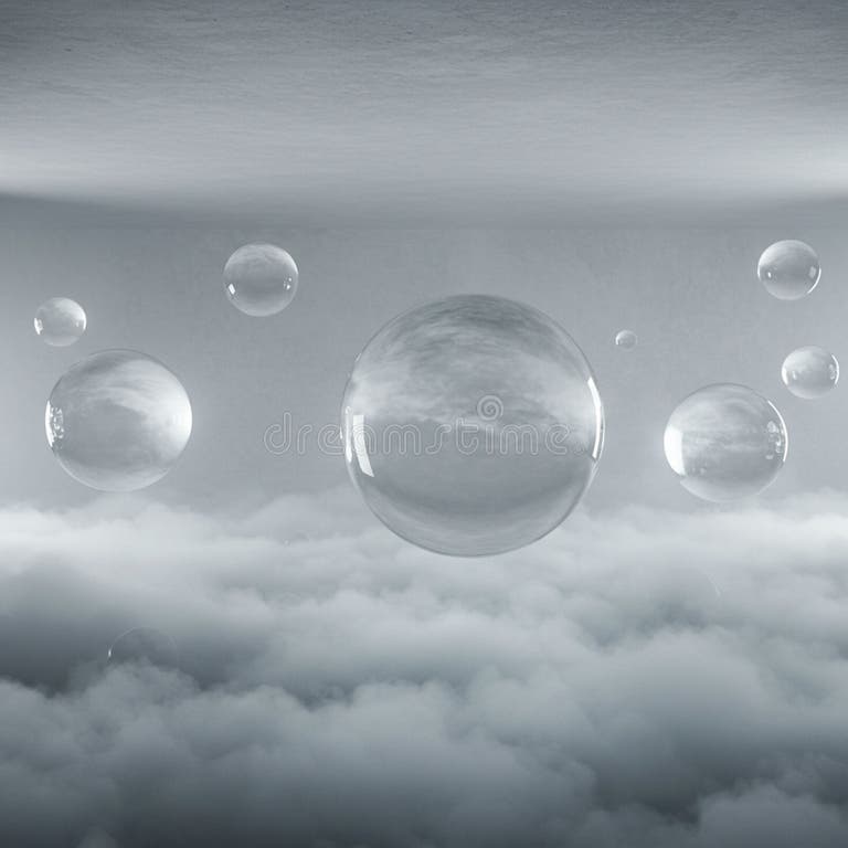 Translucent Spheres of Varying Sizes Float Against a Backdrop of Fluffy ...