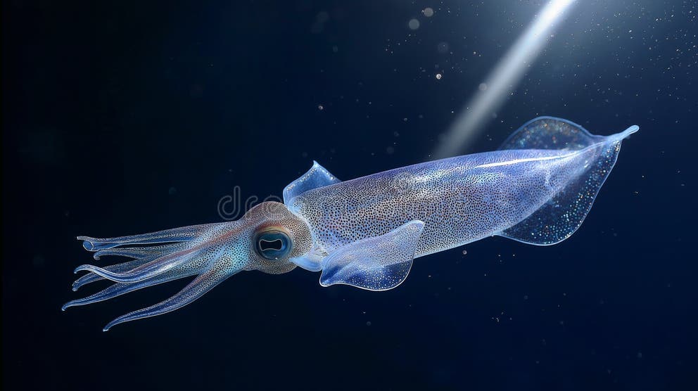 A Translucent Squid Swims Effortlessly in the Deep Ocean, Illuminated ...