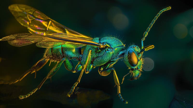 Translucent Teal-winged Wasp in Sunset Glow, with Luminous Yellow ...