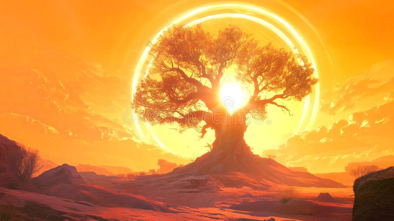 Translucent Tree in a Desert with a Sun Haloed by Light Rings. Stock ...