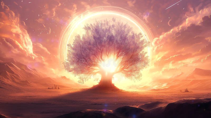 Translucent Tree in a Desert with a Sun Haloed by Light Rings. Stock ...