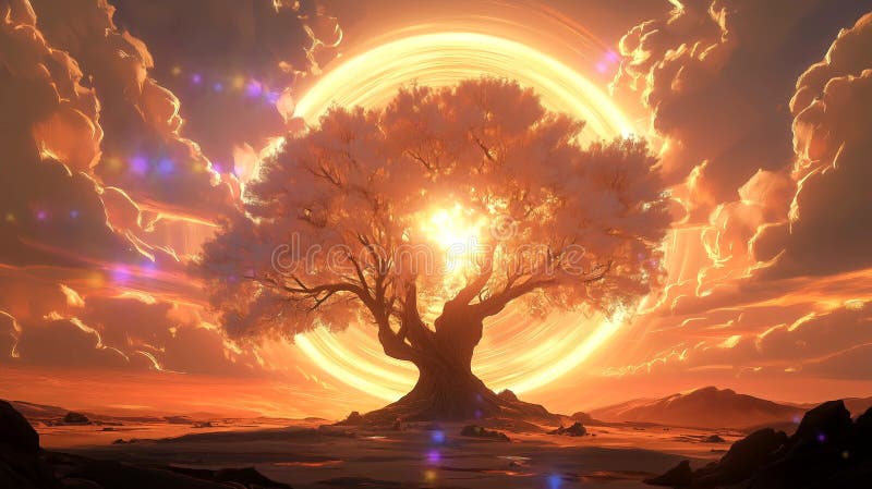 Translucent Tree in a Desert with a Sun Haloed by Light Rings. Stock ...
