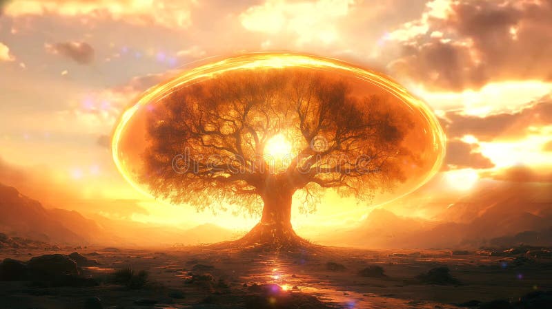 Translucent Tree in a Desert with a Sun Haloed by Light Rings. Stock ...